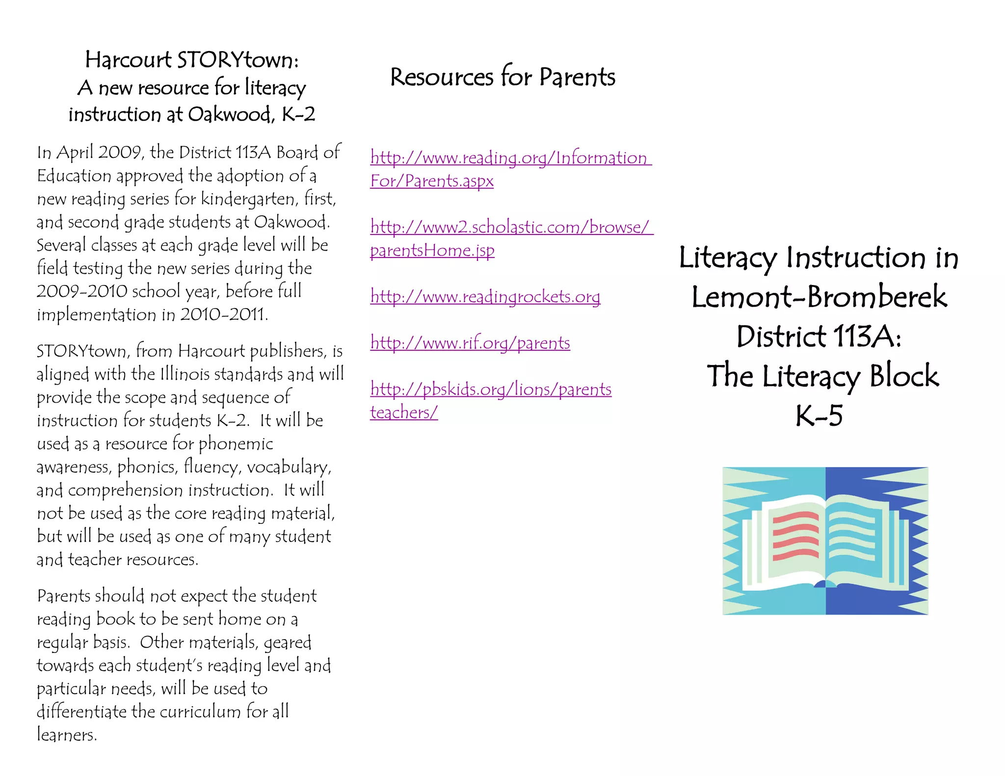 Brochure about reading curriculum for parents of k 2 students (repaired ...