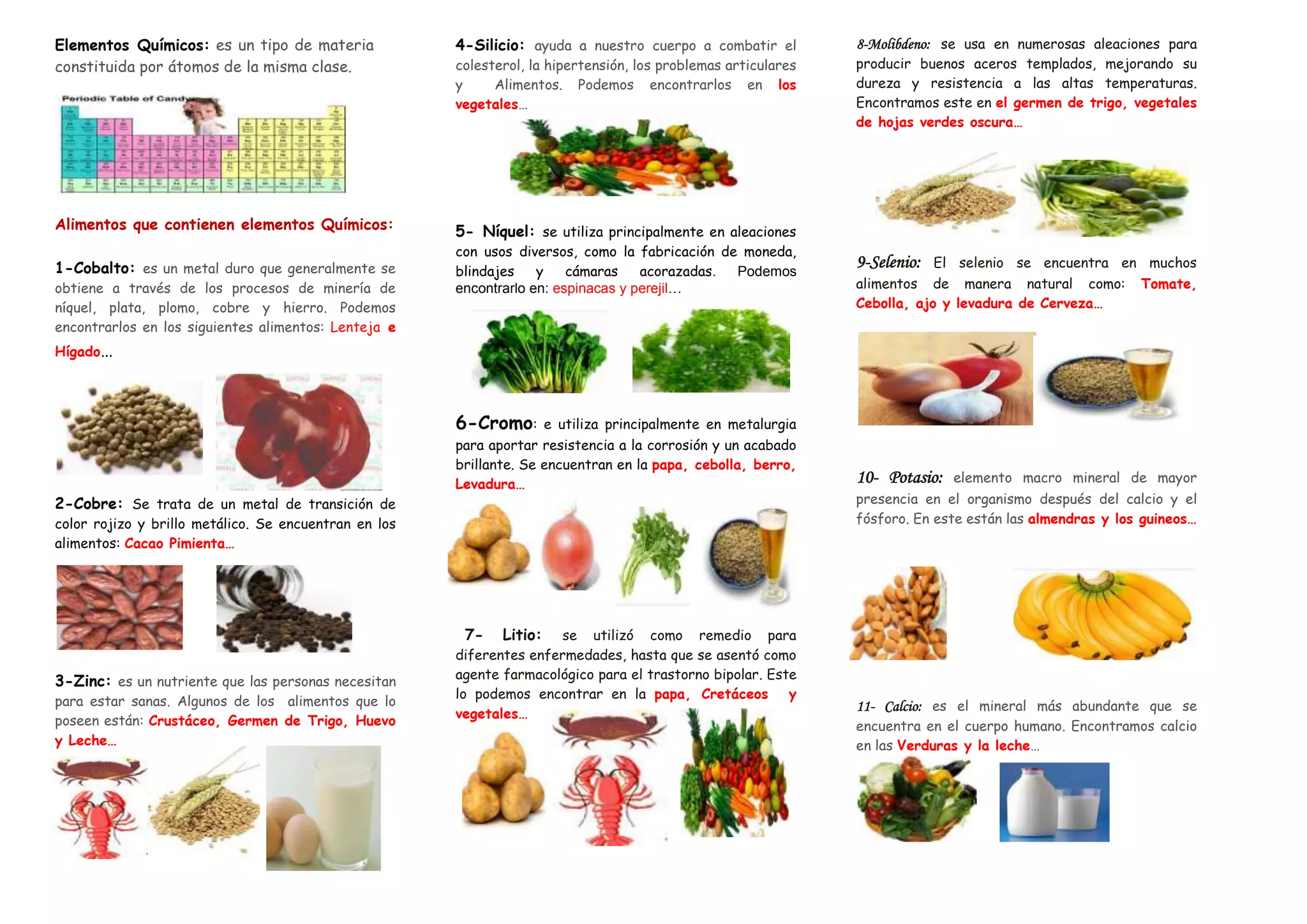 Brochure Alimentos que contienen Elementos Químicos | DOCX