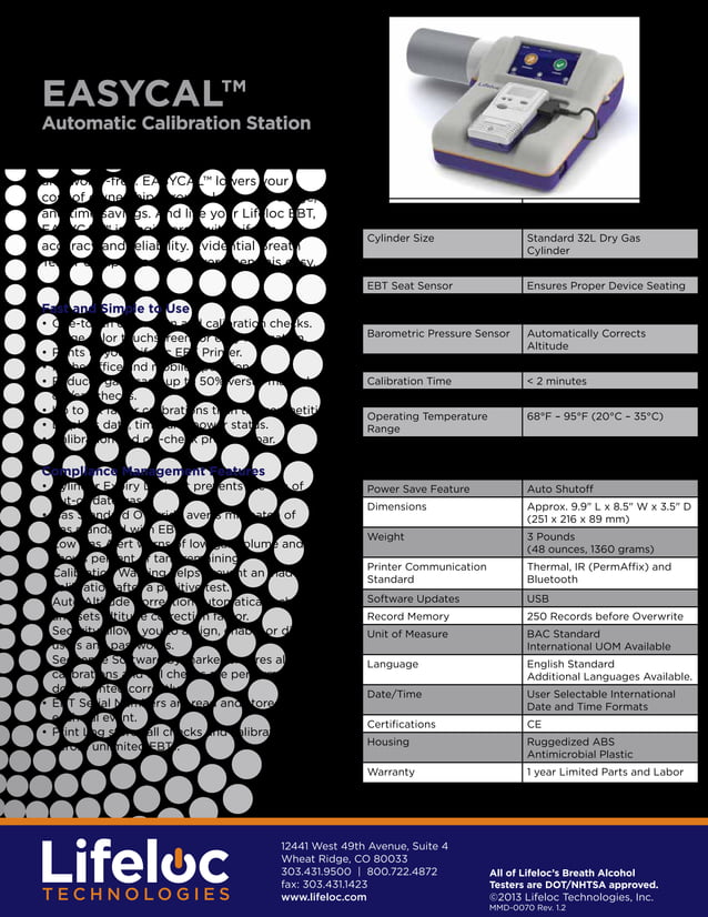 Lifeloc EASYCAL Automatic Calibration Brochure for Workplace Breath ...