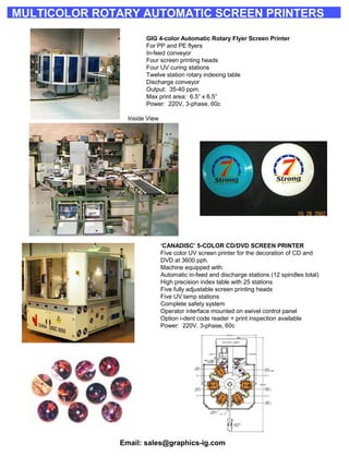 Screen printing machine by Graphics International Decorating | PDF