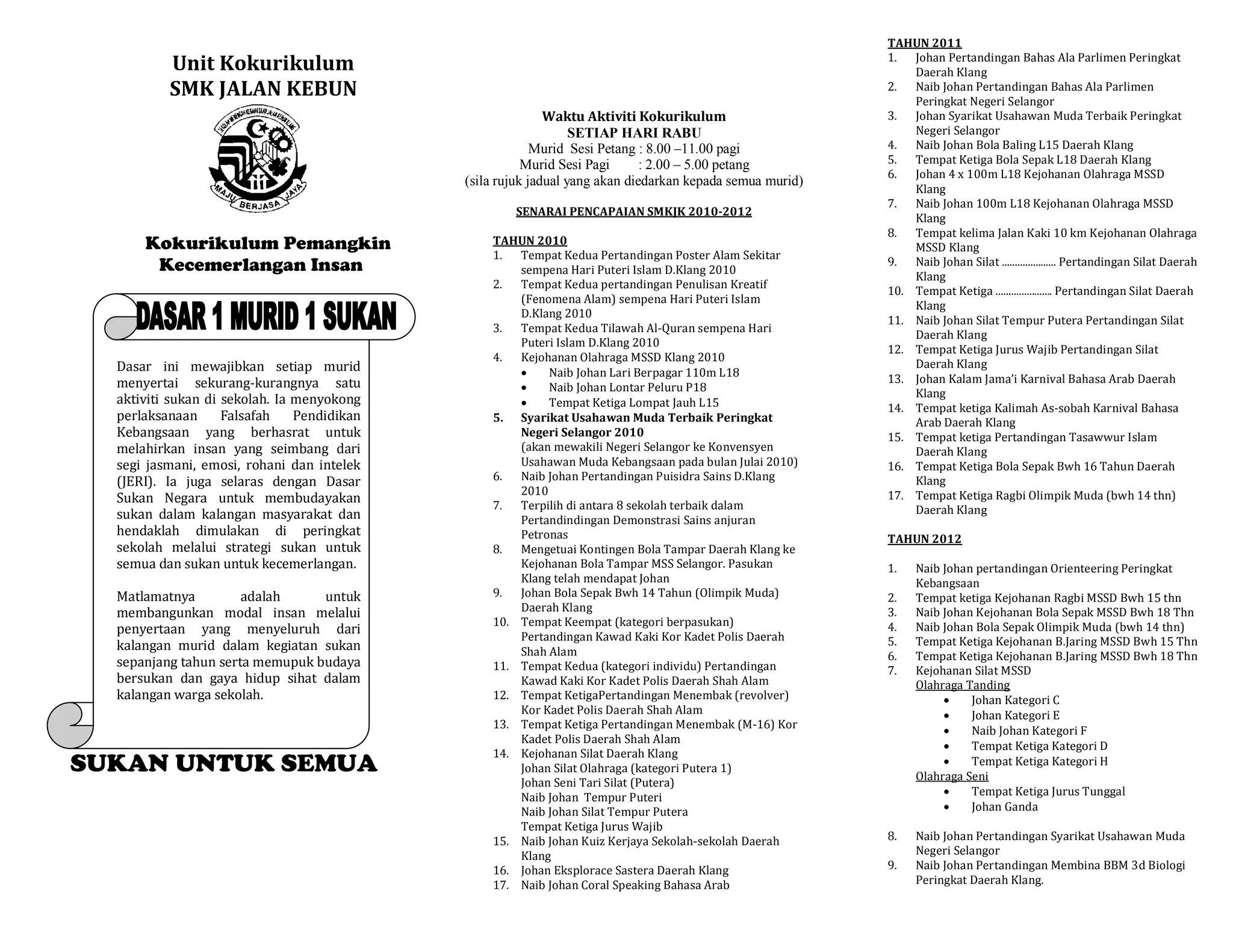 Brochure kokurikulum SMKJK 2013 | PDF