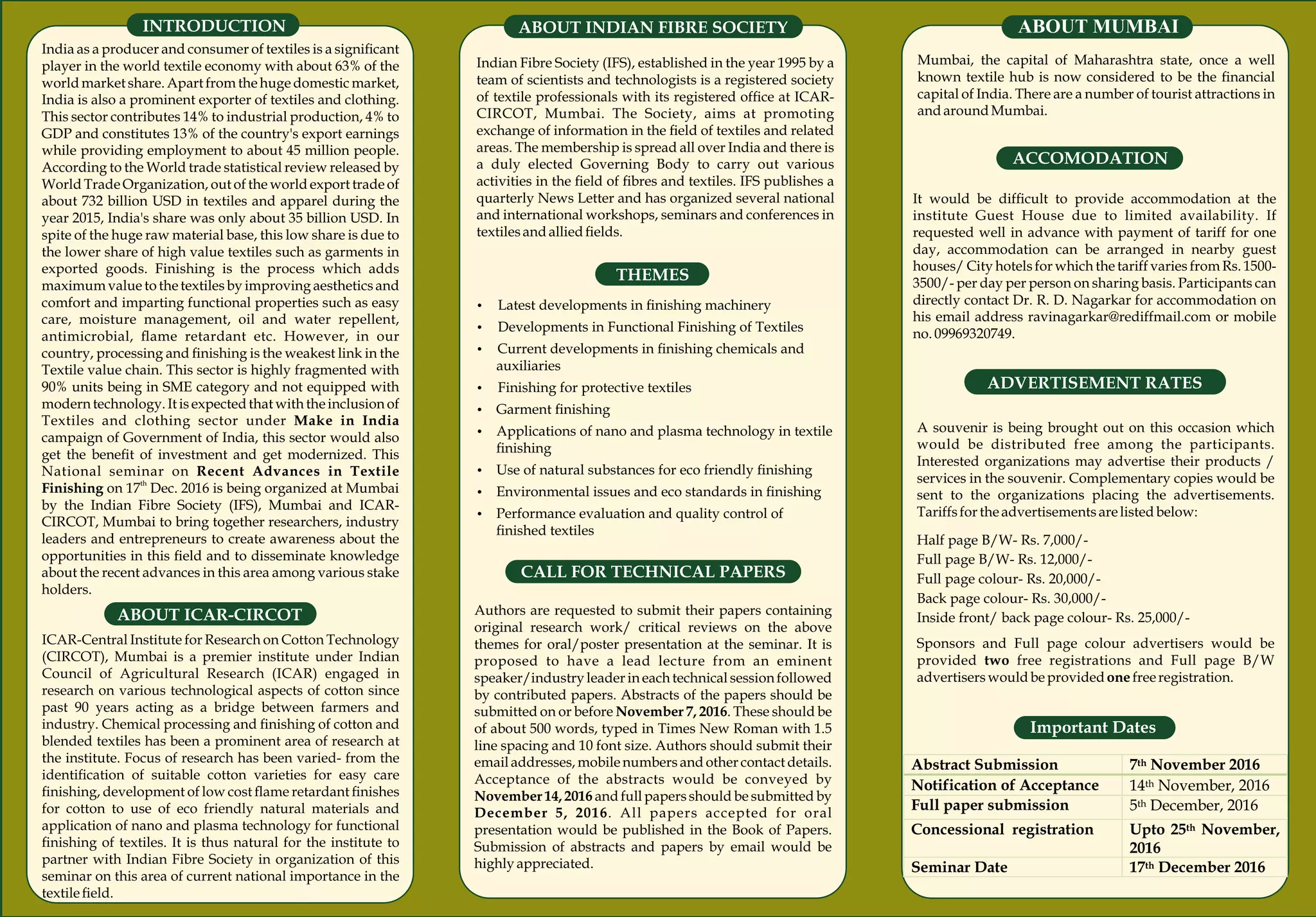 CIRCOT SEMINAR ON 17th December, 2016 on Recent advances in Textile ...