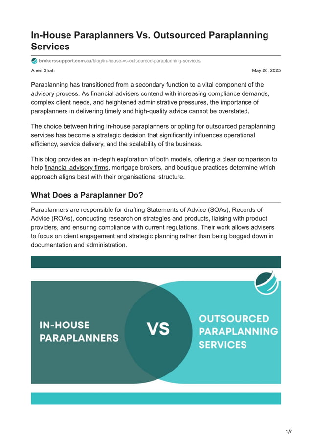 Comparing In-House and Outsourced Paraplanning Service | PDF