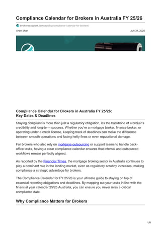 Australian Broker Compliance Planner for FY 2025–26 | PDF