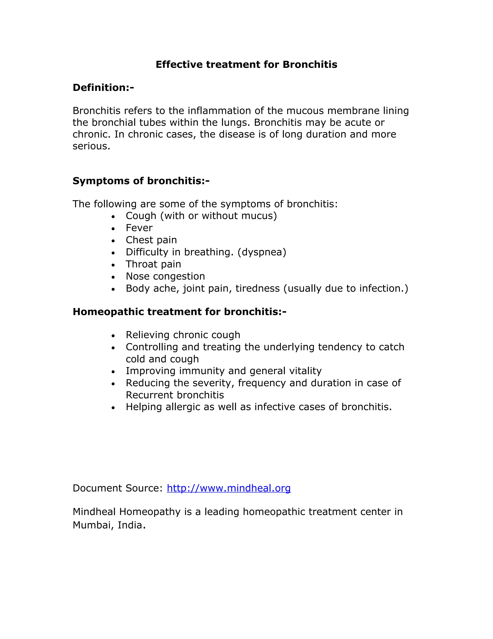Effective treatment for bronchitis in Mindheal Homeopathy clinic ...