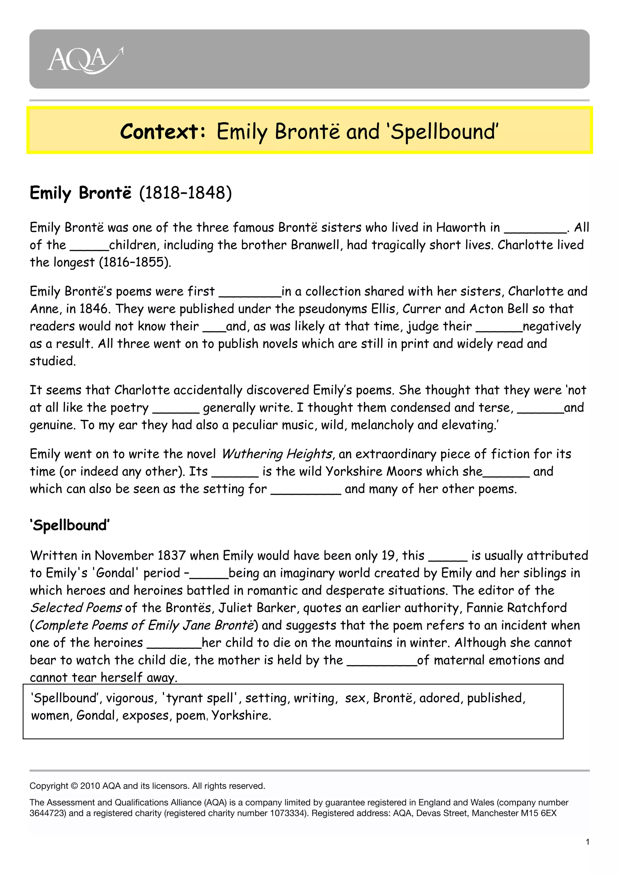 Bronte context spellbound cloze | DOC | Poetry | Books and Literature