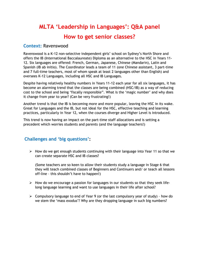 Leadership in Languages MLTANSW workshop 2015 | PDF