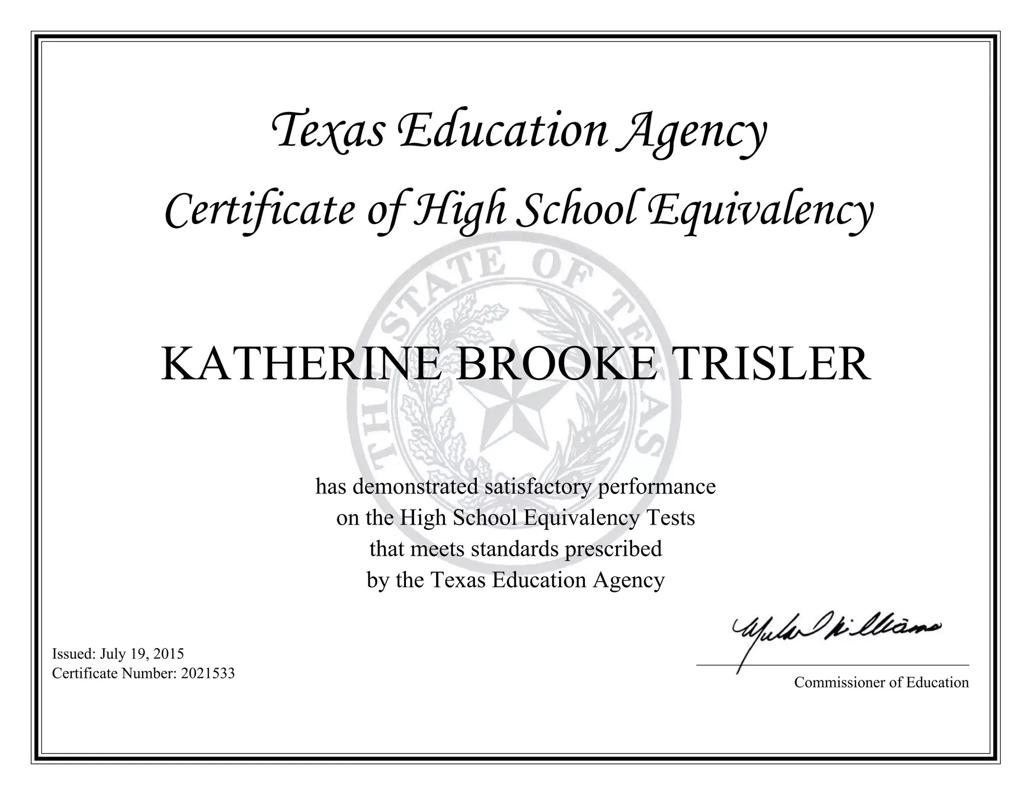 Brooke's GED certificate | PDF
