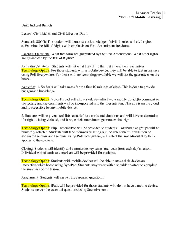 Mobile Learning Lesson Plan: Civil Rights and Liberties | PDF
