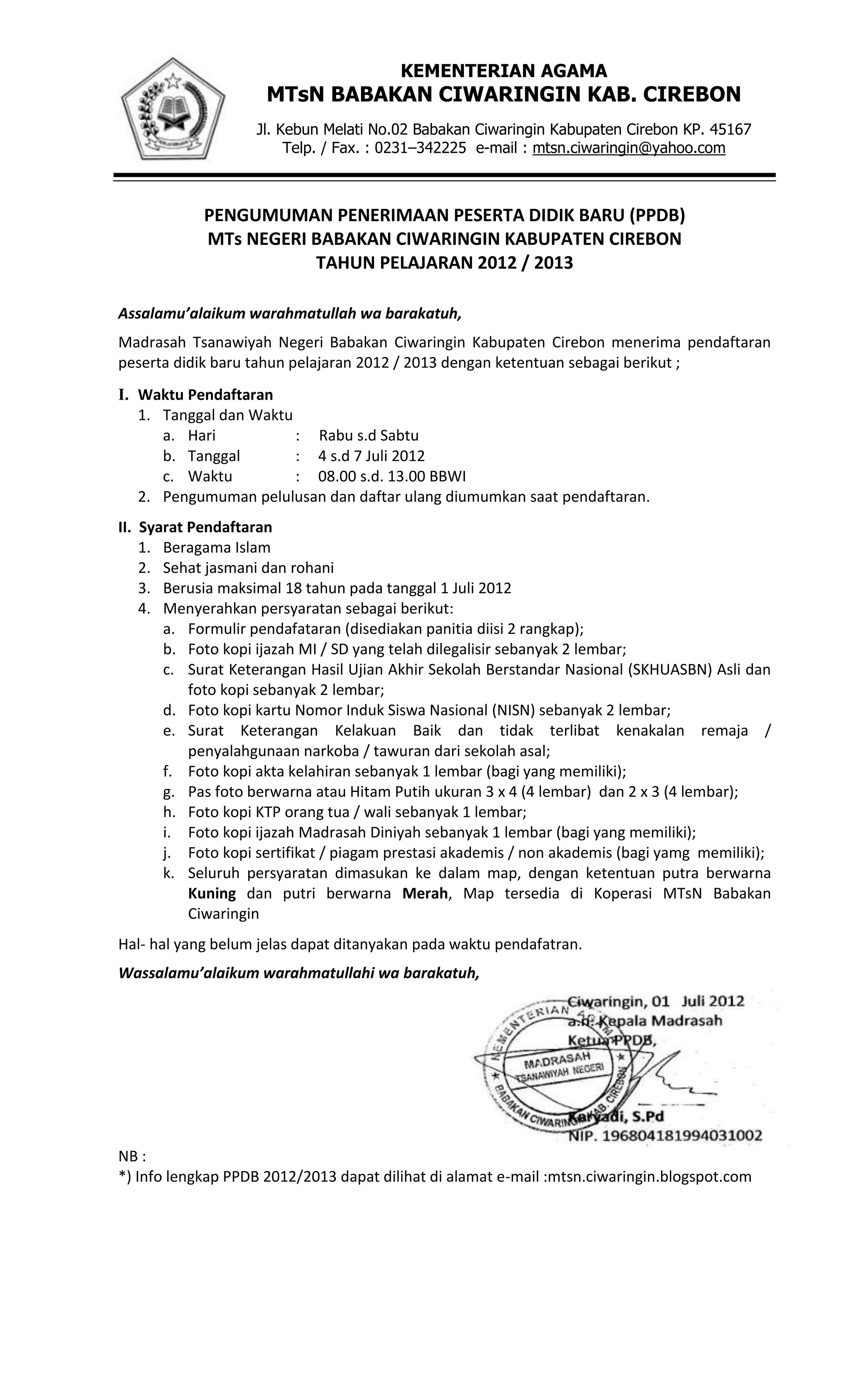 Contoh Brosur PPDB MTsN Babakan Ciwaringin Cirebon | DOCX