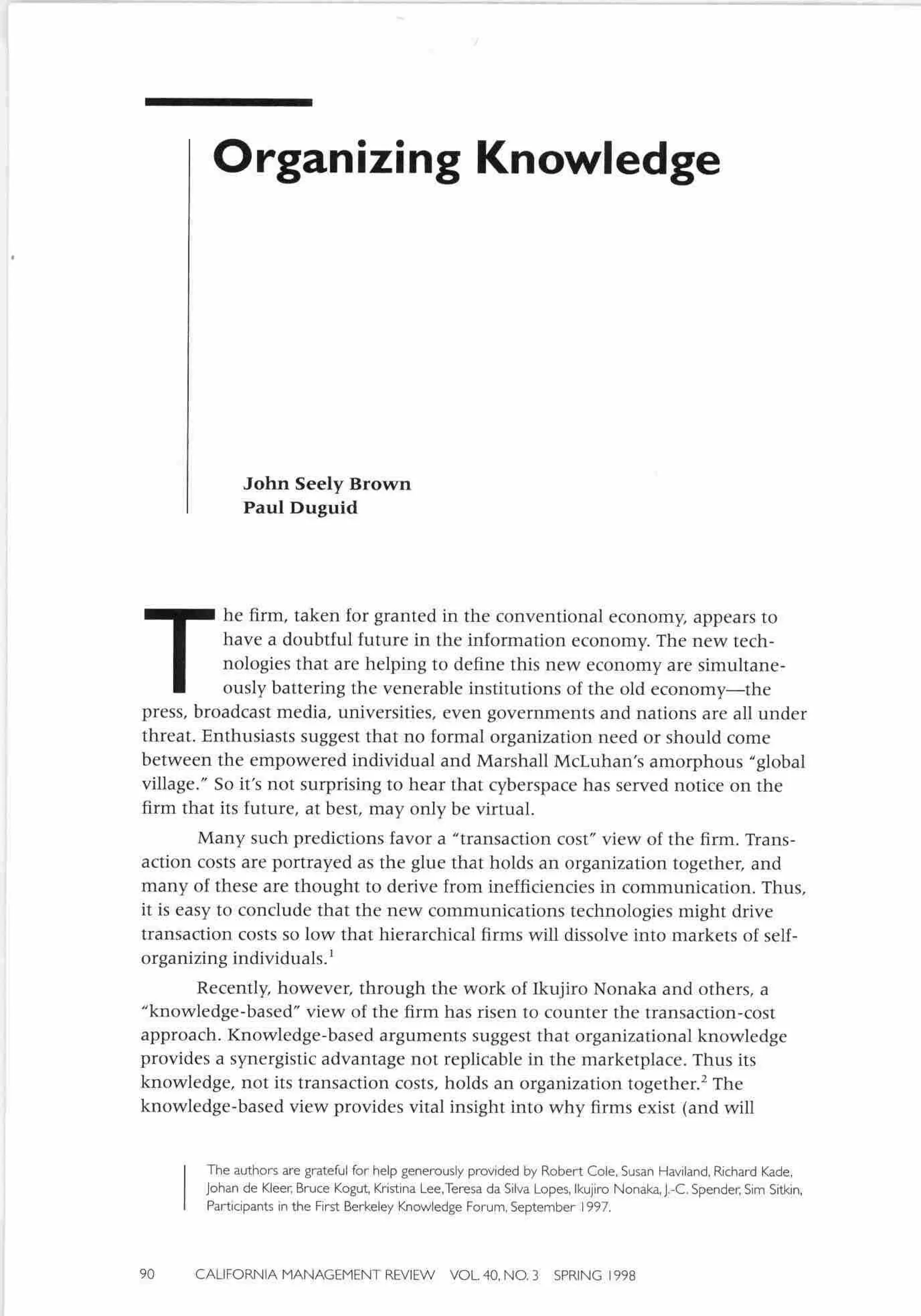 Brown duguid 1998 organizing knowledge | PDF