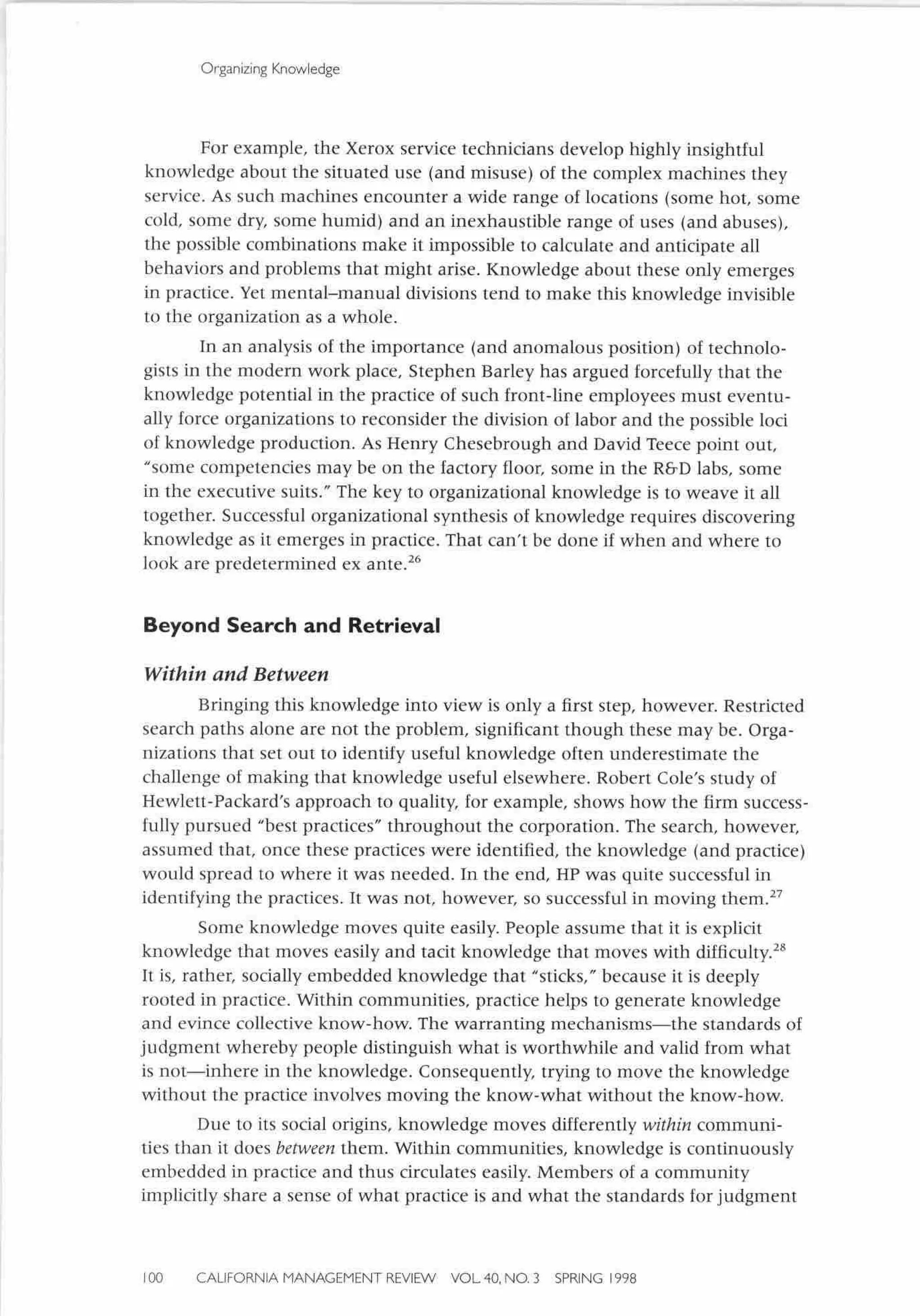 Brown duguid 1998 organizing knowledge | PDF