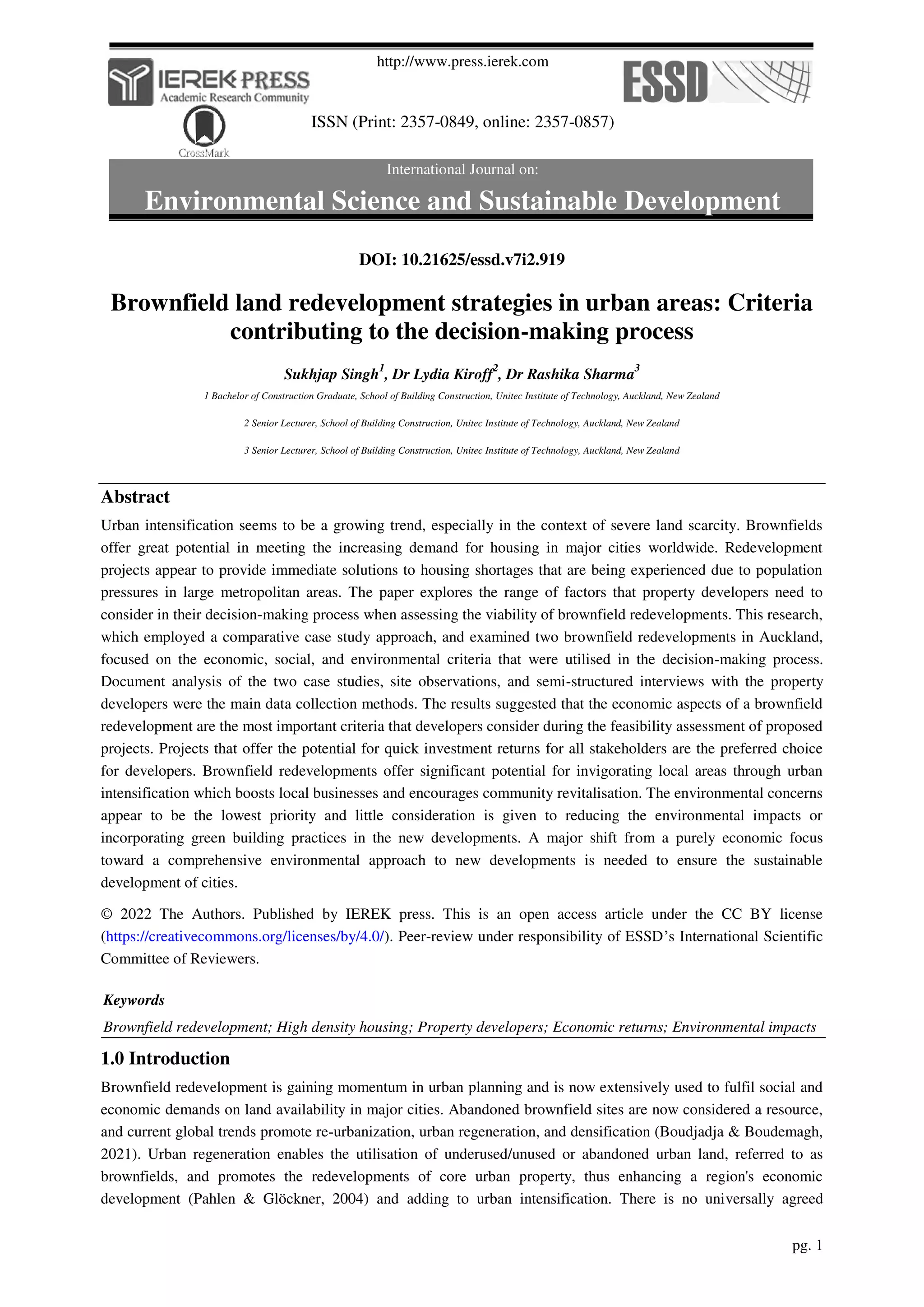 Brownfield land redevelopment strategies in urban areas: Criteria contributing to the decision ...
