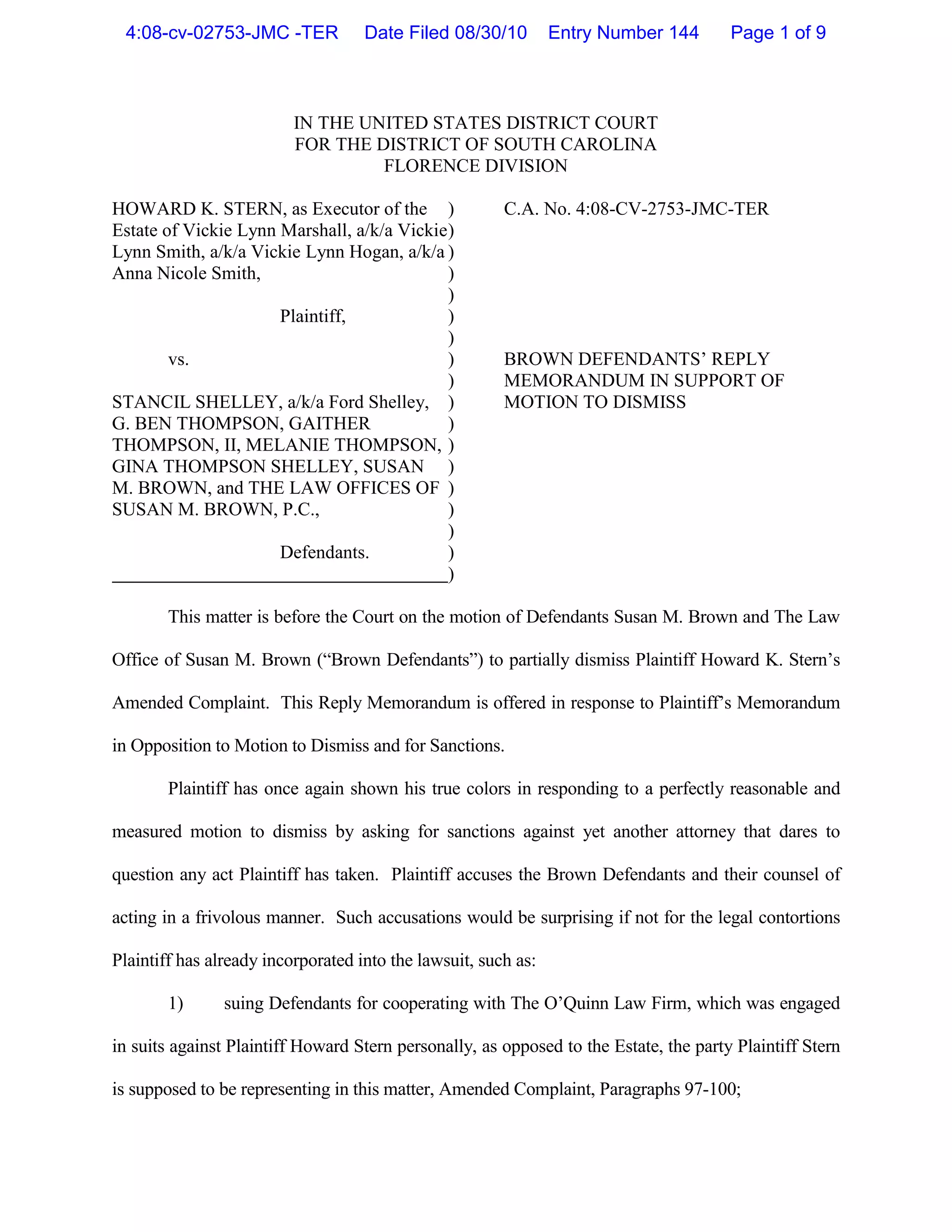 Brown reply memo support motion to dismiss | PDF