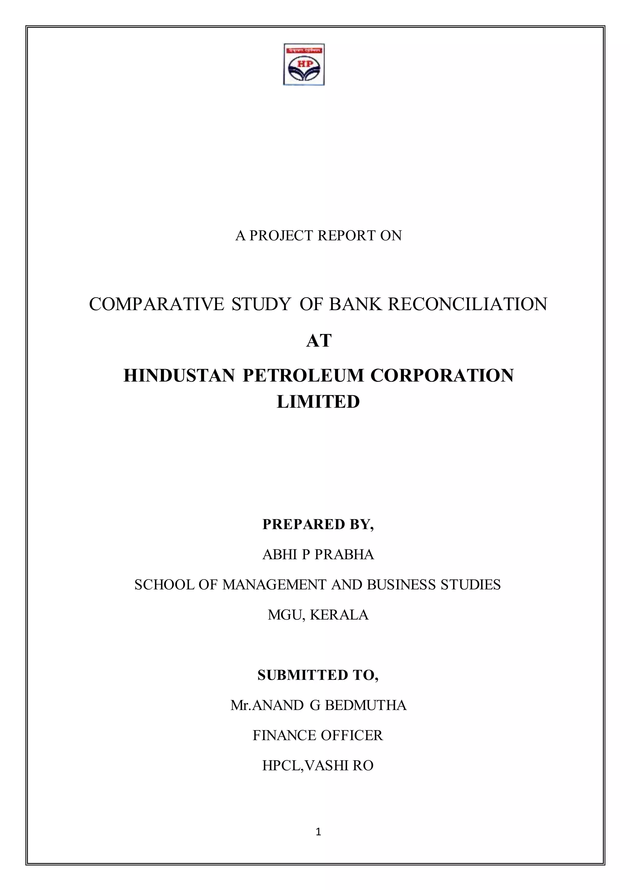 Bank Reconciliation Statement Study At HPCL | DOCX