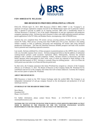BRS Resources Provides Operational Update (April 2013) | PDF