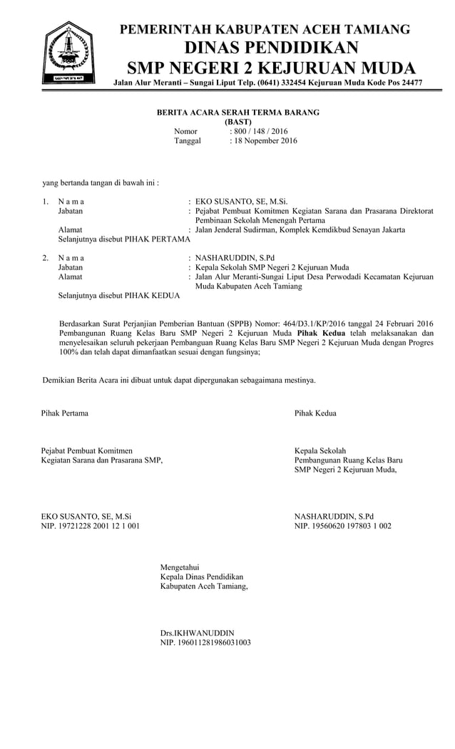 Brt. acr serah terima aset 3 rkb 2016 sesuai juknis | PDF