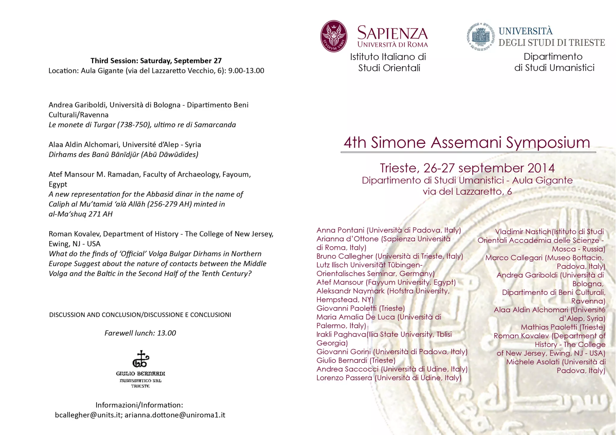 Program, 4th Simone Assemani Symposium, Trieste (Italy), 26-27 ...