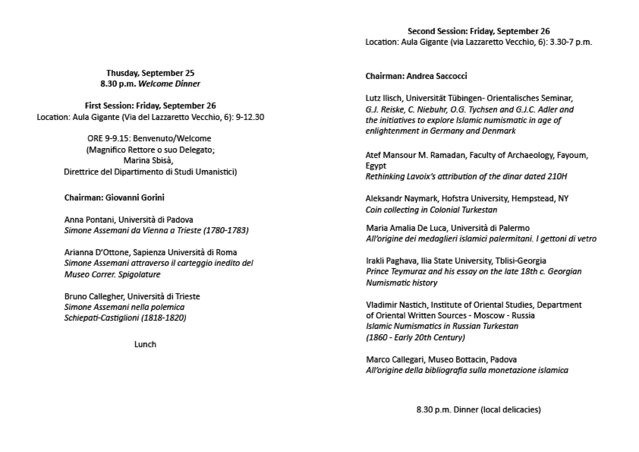 Program, 4th Simone Assemani Symposium, Trieste (Italy), 26-27 ...
