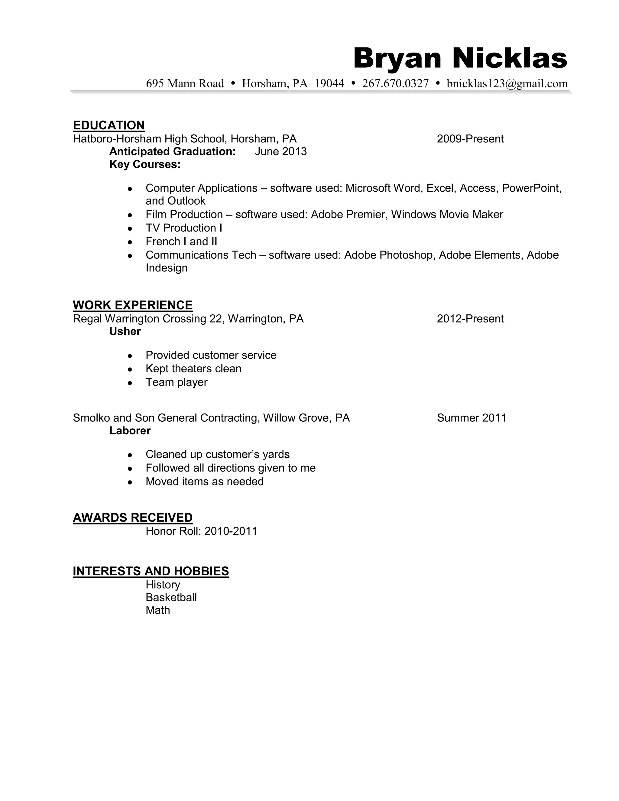 Bryan Nicklas resume | DOCX