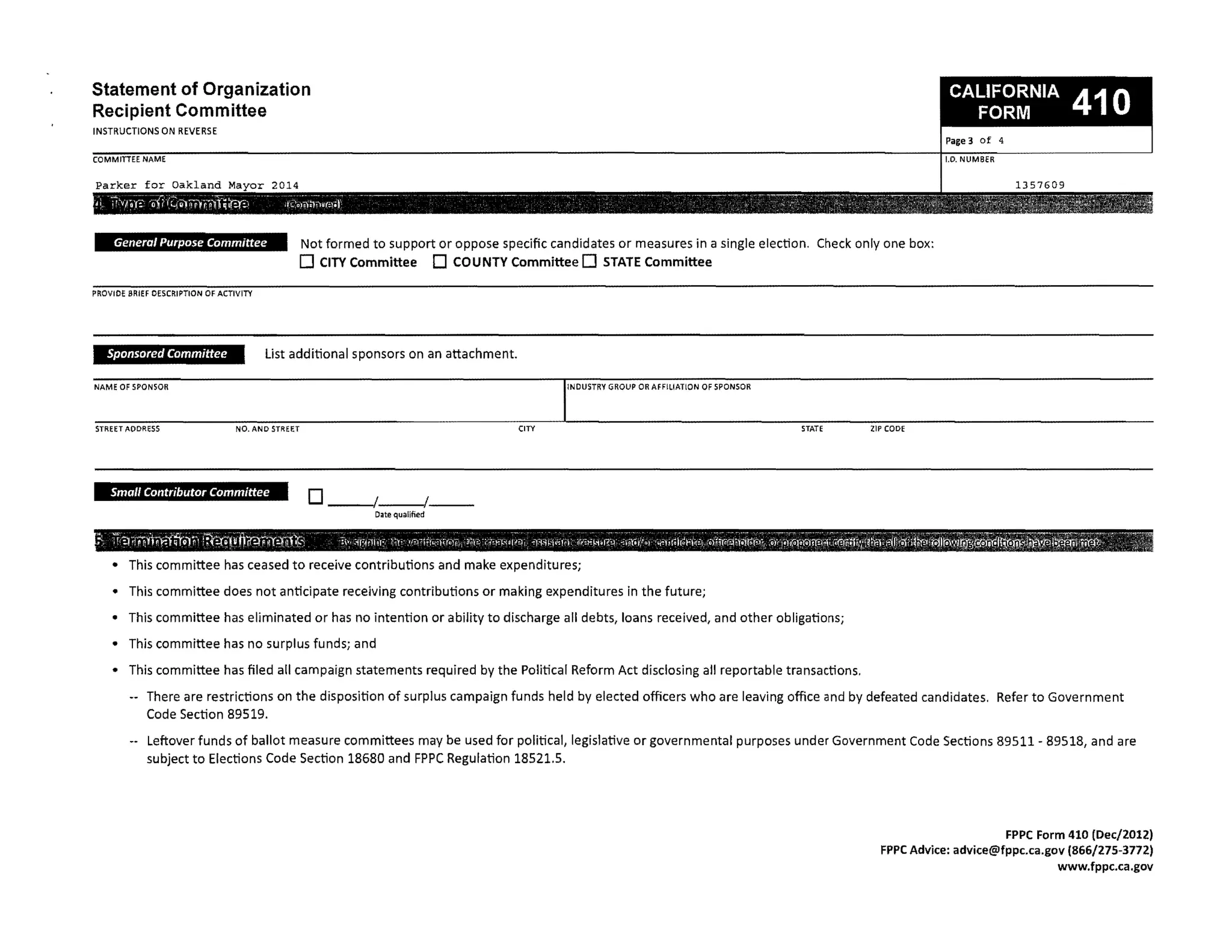 Bryan Parker FPPC Form 410 | PDF