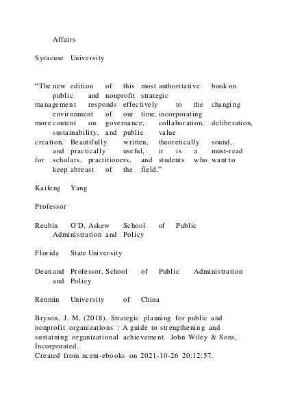 Bryson, J. M. (2018). Strategic planning for public and nonpro | DOCX