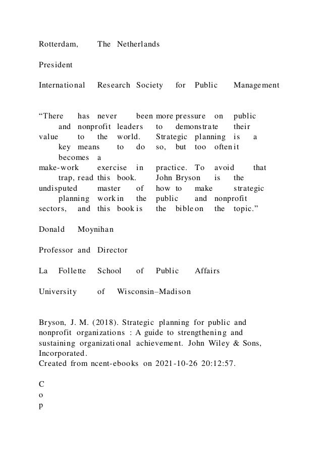 Bryson, J. M. (2018). Strategic planning for public and nonpro | DOCX