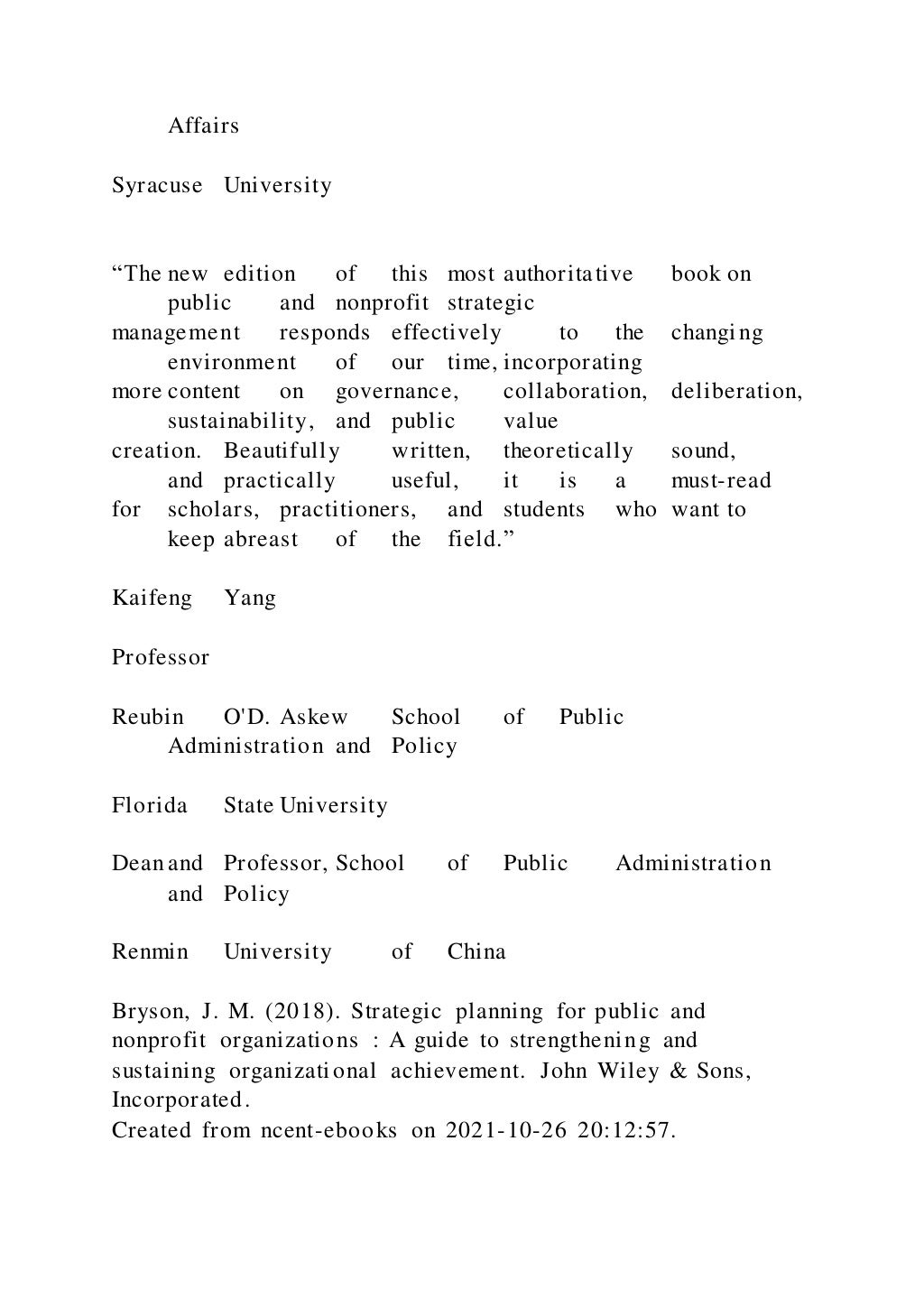 Bryson, J. M. (2018). Strategic planning for public and nonpro | DOCX