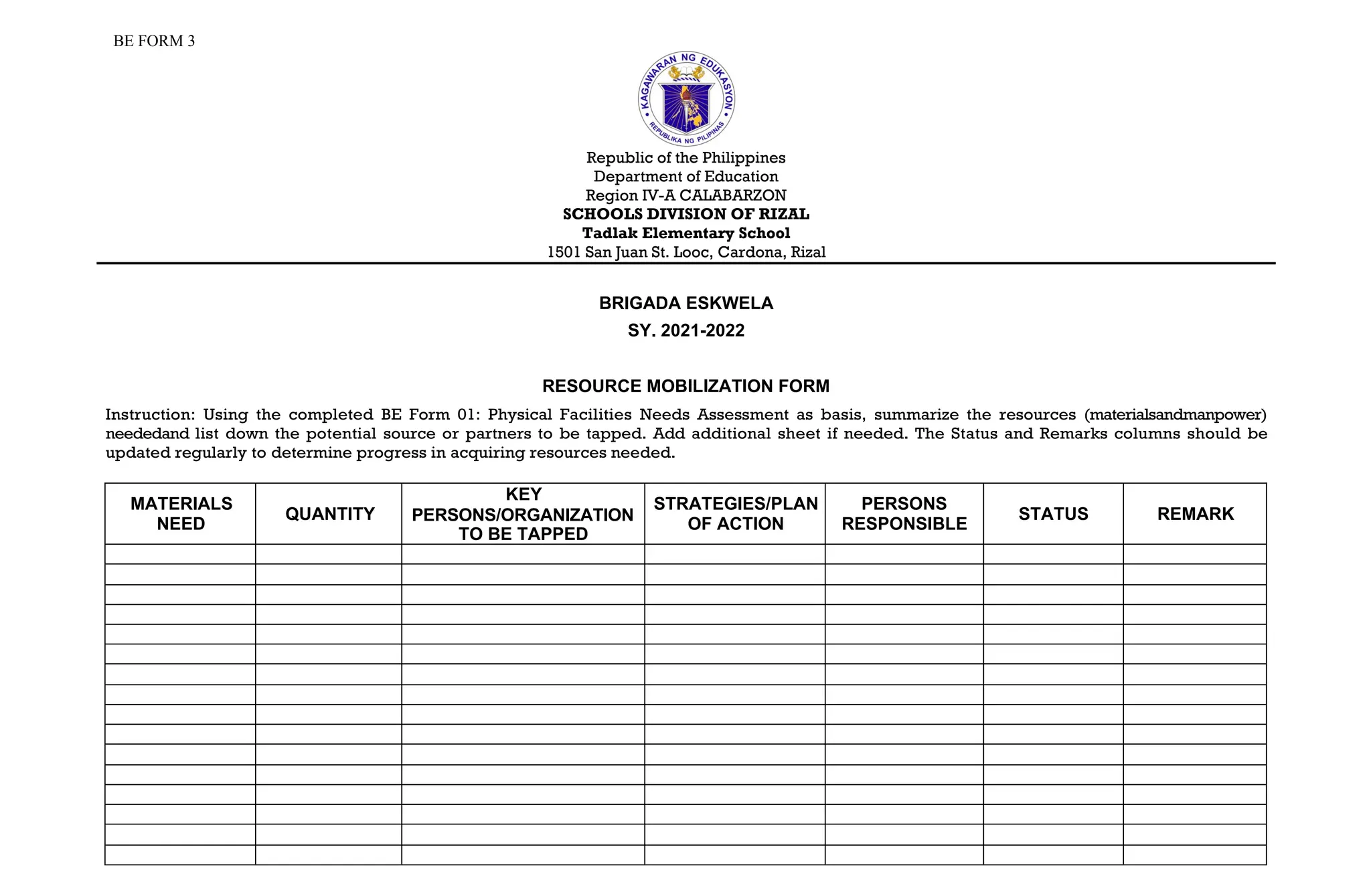 Brigada Eskwela -Form 3 - Resource Mobilization.docx