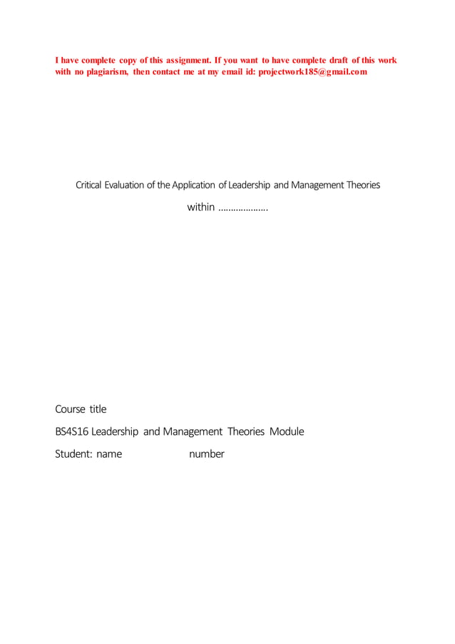 Bs4s16 assignment bs4s16 leadership and management theories module | PDF