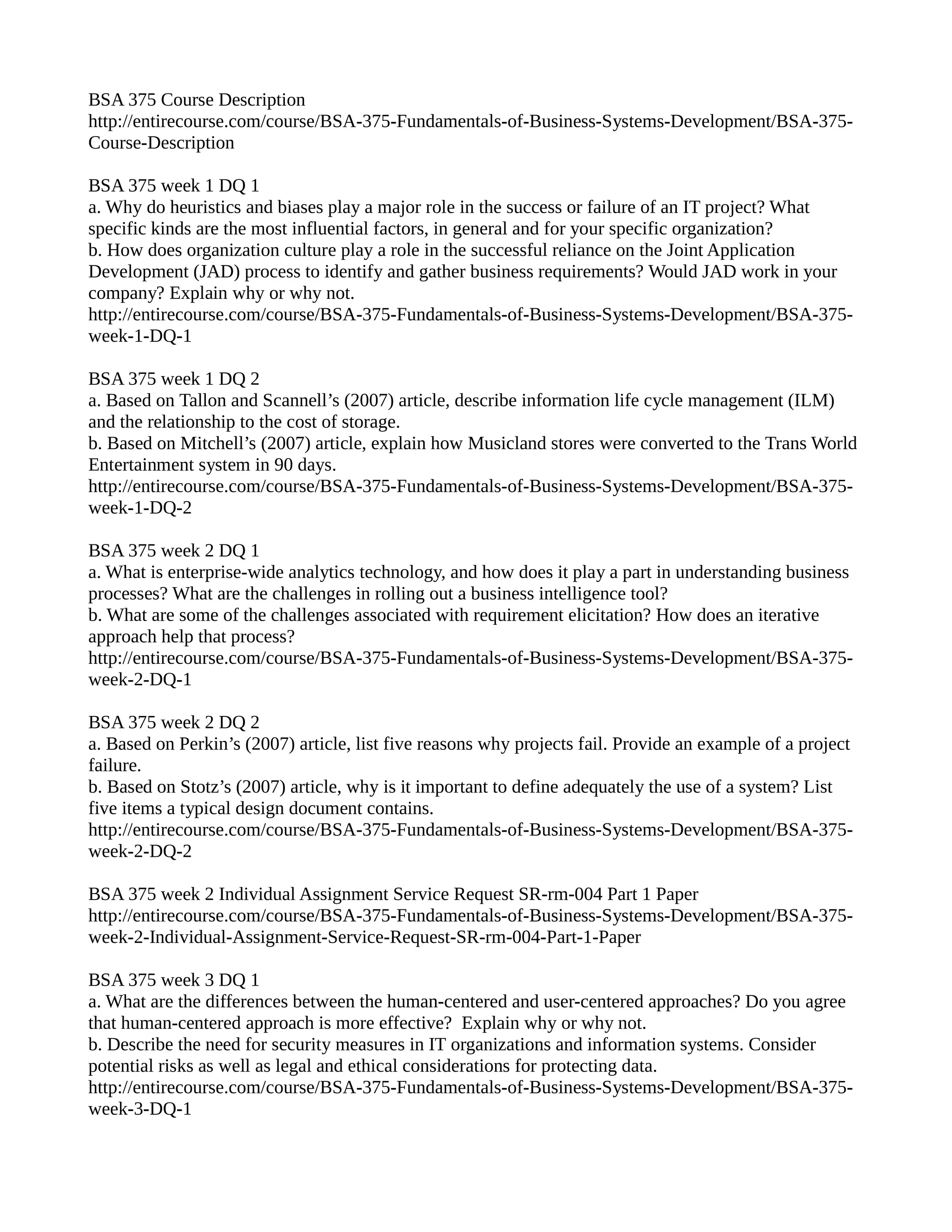 BSA 375 Entire Course (Fundamentals of Business Systems Development ...