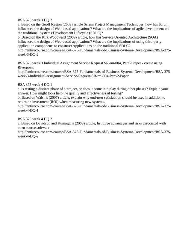 BSA 375 Entire Course (Fundamentals of Business Systems Development - entirecourse.com) | PDF ...