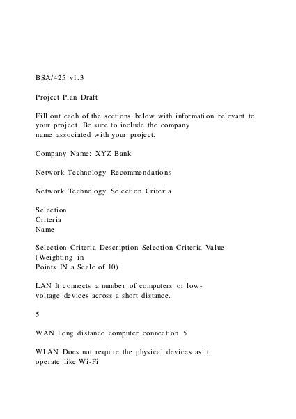 BSA425 v1.3Project Plan DraftFill out each of the sec | DOCX
