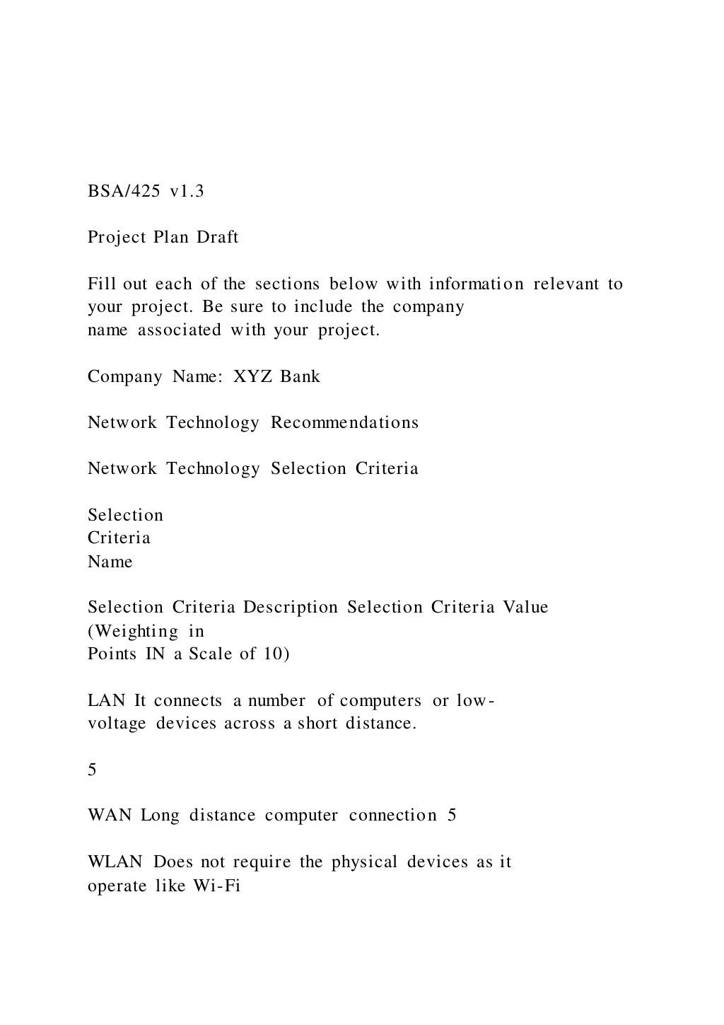 BSA425 v1.3Project Plan DraftFill out each of the sec | DOCX