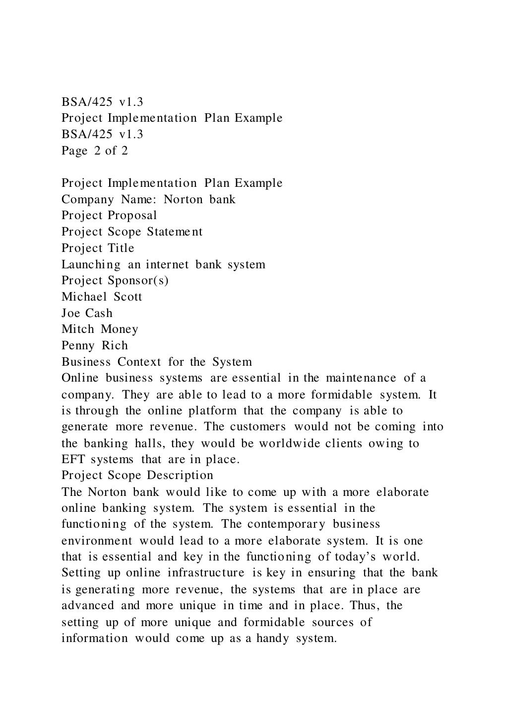 BSA425 v1.3Project Implementation Plan ExampleBSA425 v1.3P