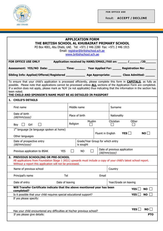 Bsak primary schoolapplicationform221112 | PDF