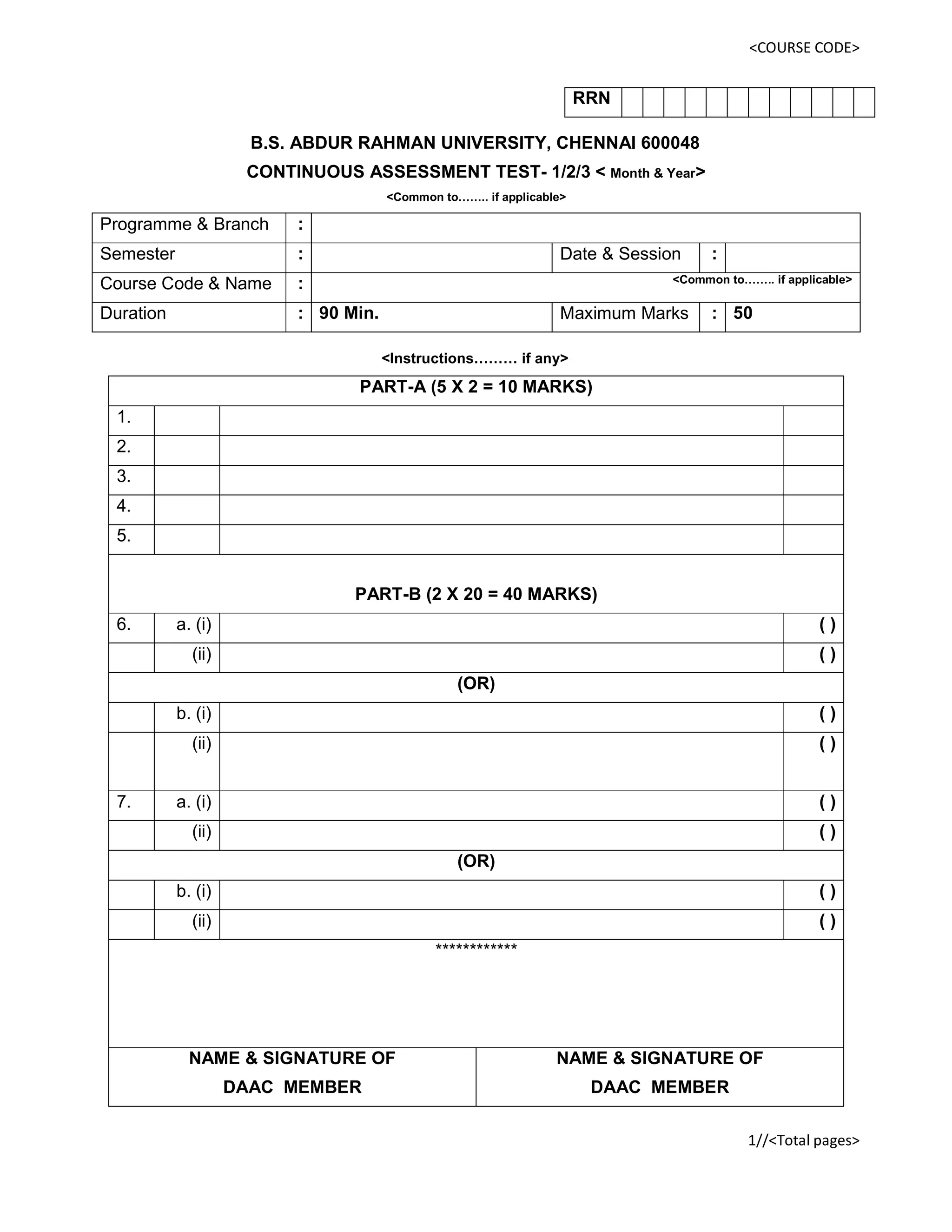 B. S. Abdur Rahman University Continuous Assessment Test Format | PDF ...