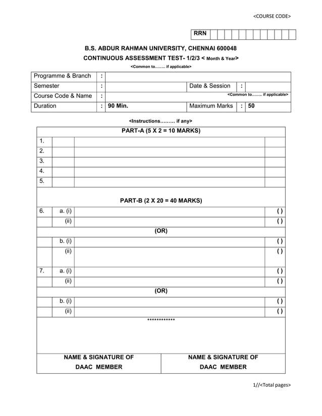 B. S. Abdur Rahman University Continuous Assessment Test Format | PDF ...