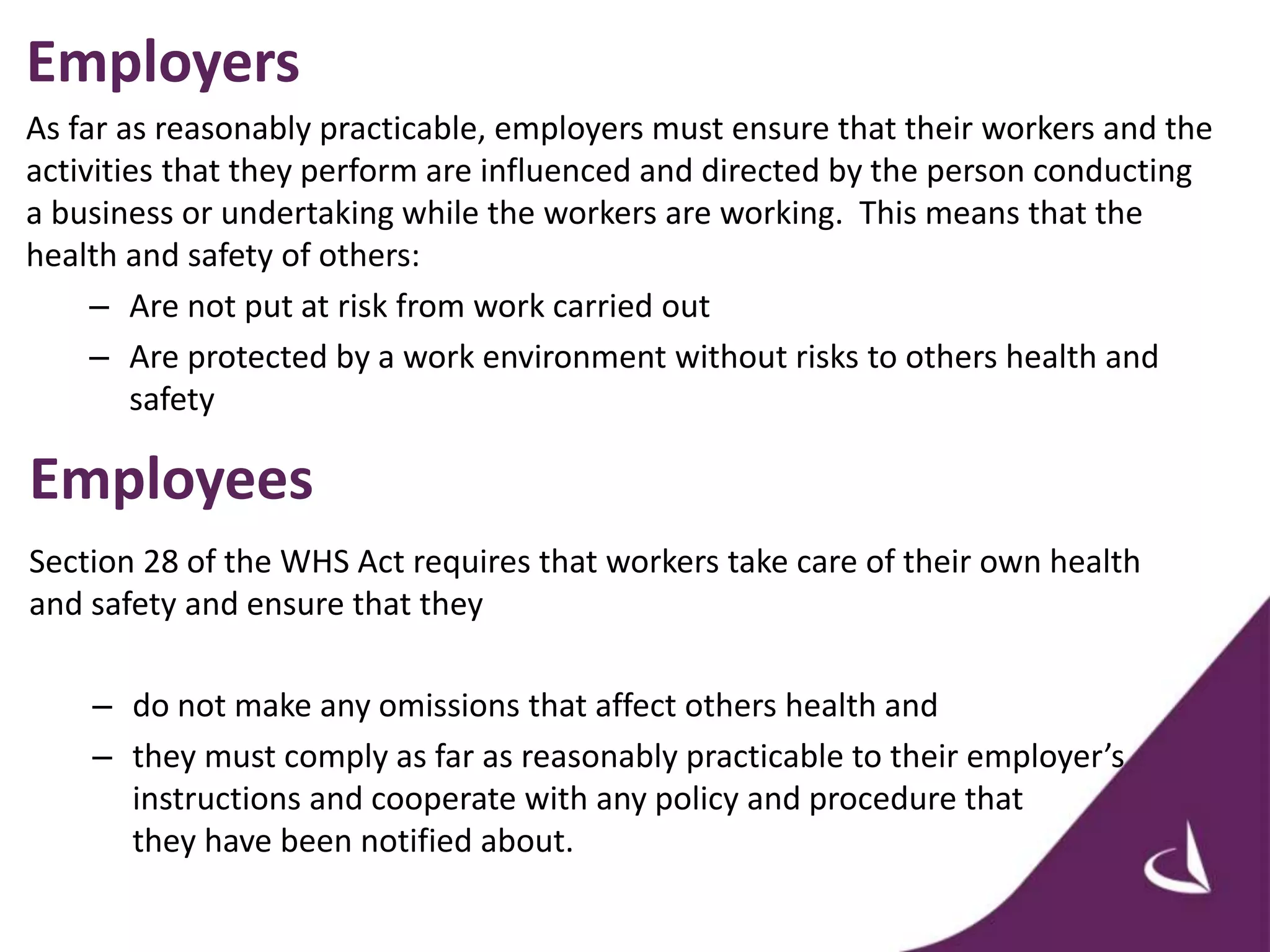 BSBWHS412 - Assist with workplace compliance with WHS laws | PPTX