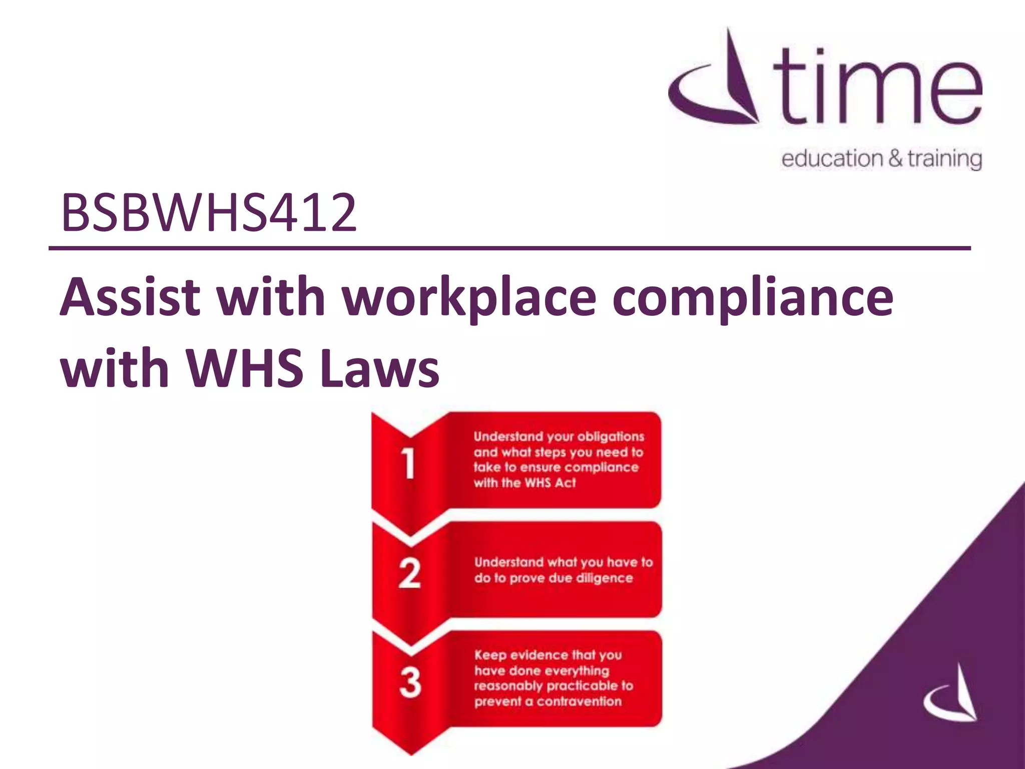 BSBWHS412 - Assist with workplace compliance with WHS laws | PPT