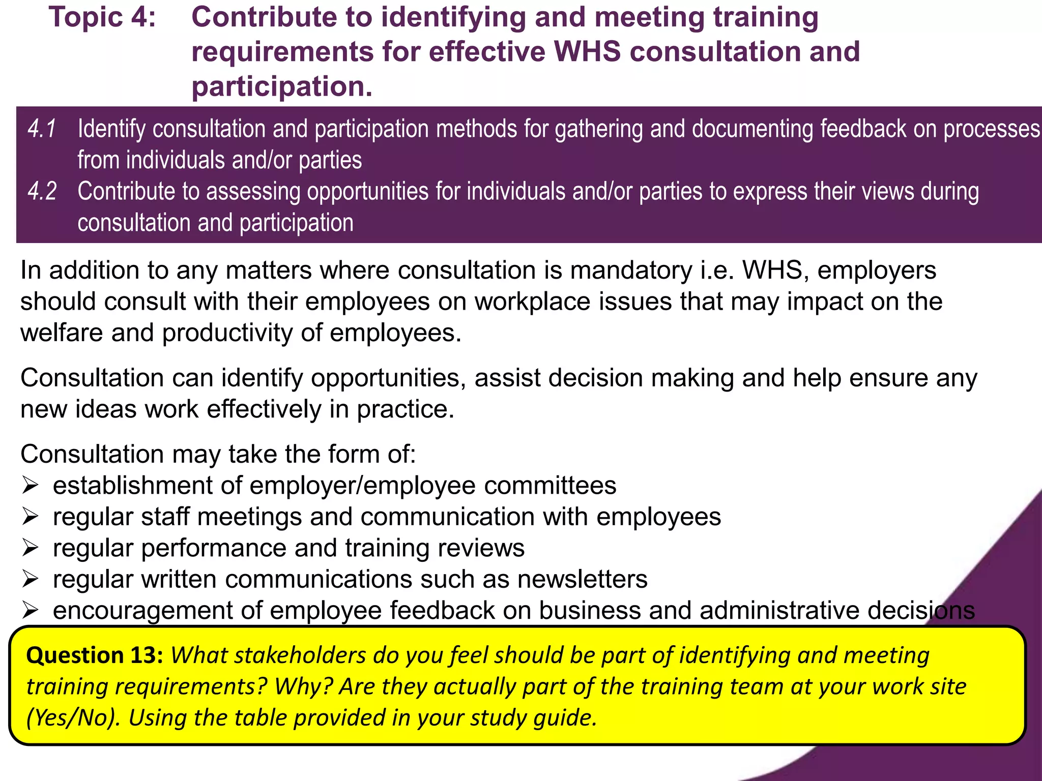 BSBWHS413 Cont I & M WHS consult | PPTX