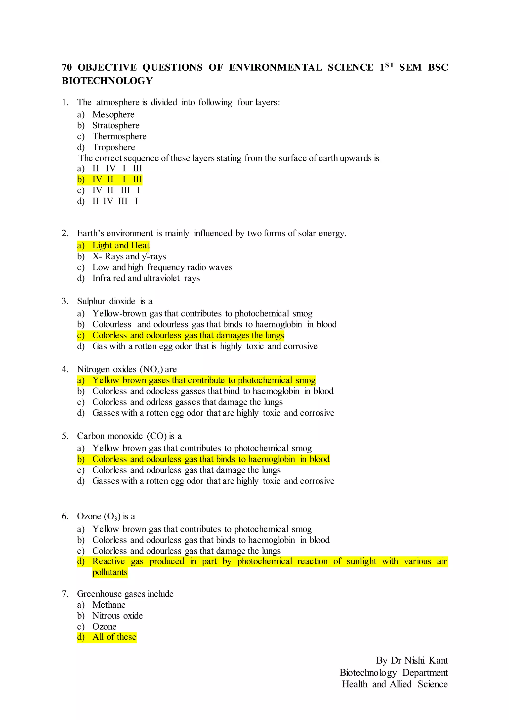 Bsc biotechnology environmental science 70 objective questions | DOCX