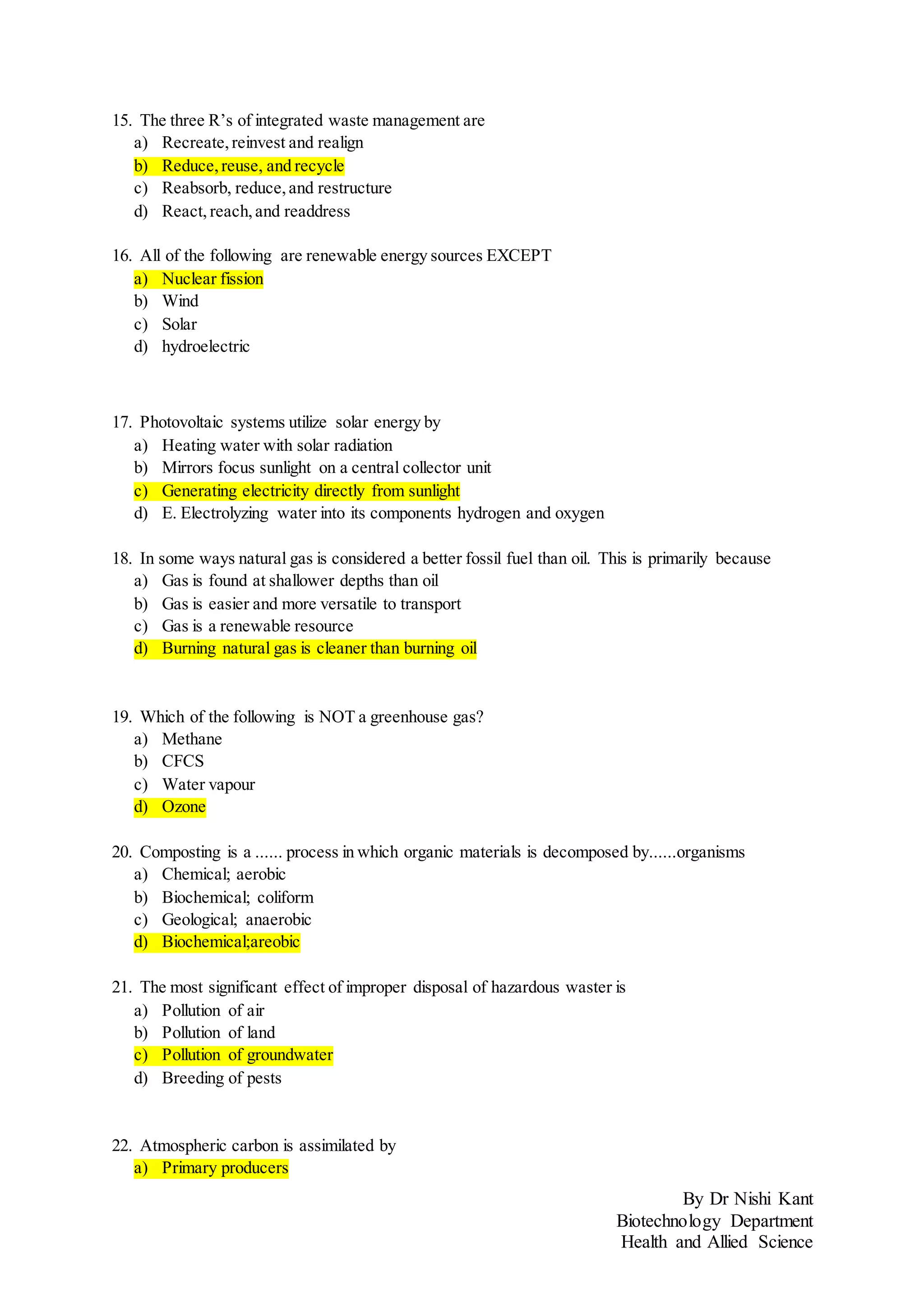 Bsc biotechnology environmental science 70 objective questions | DOCX