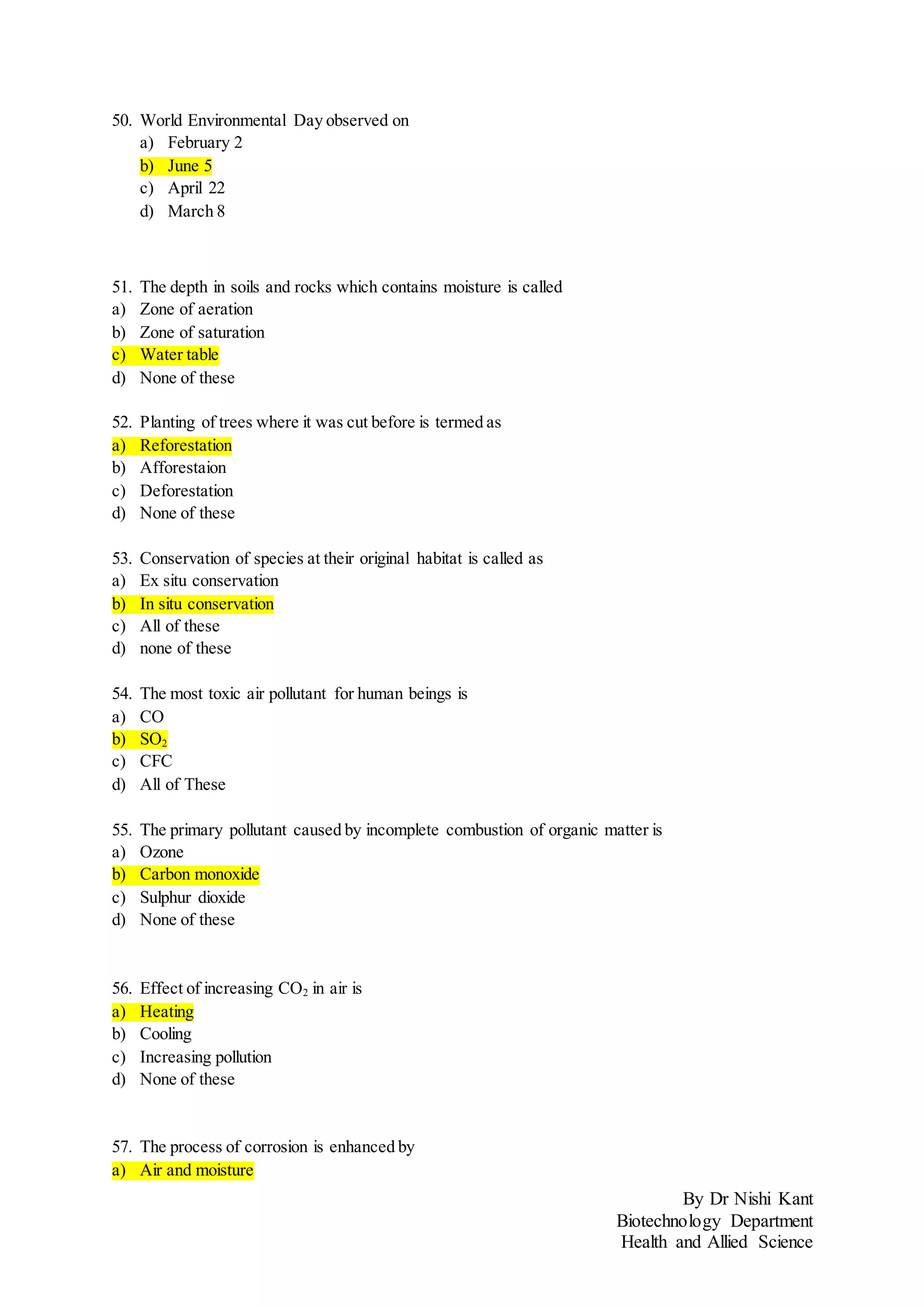 Bsc biotechnology environmental science 70 objective questions | DOCX
