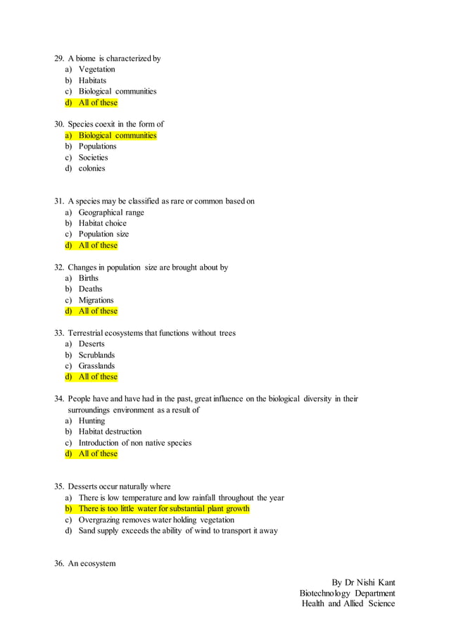 Bsc biotechnology environmental science 70 objective questions | DOCX
