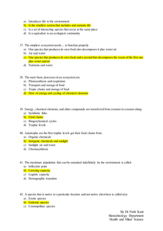 Bsc biotechnology environmental science 70 objective questions | DOCX