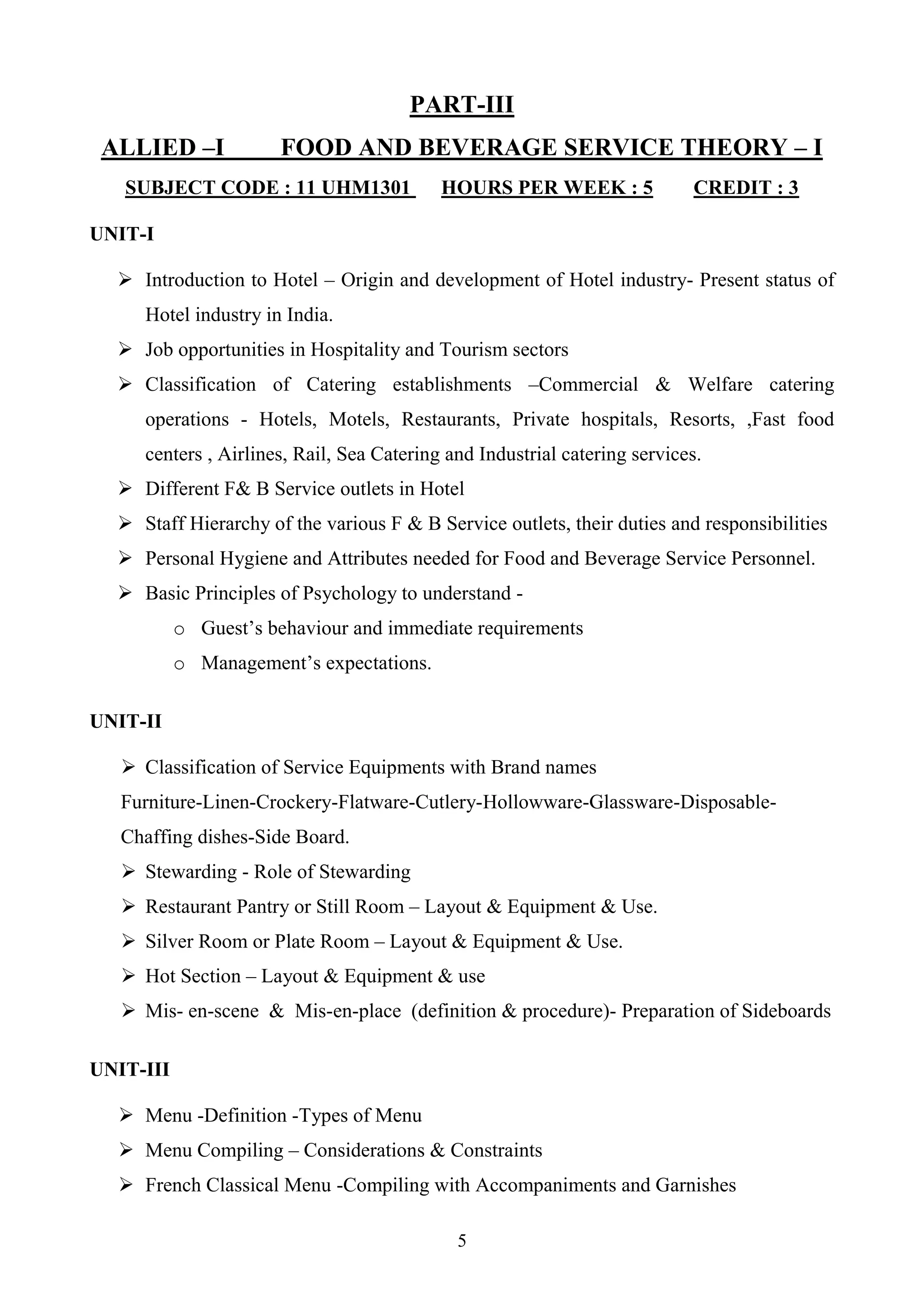 B sc hotel management syllabus | PDF