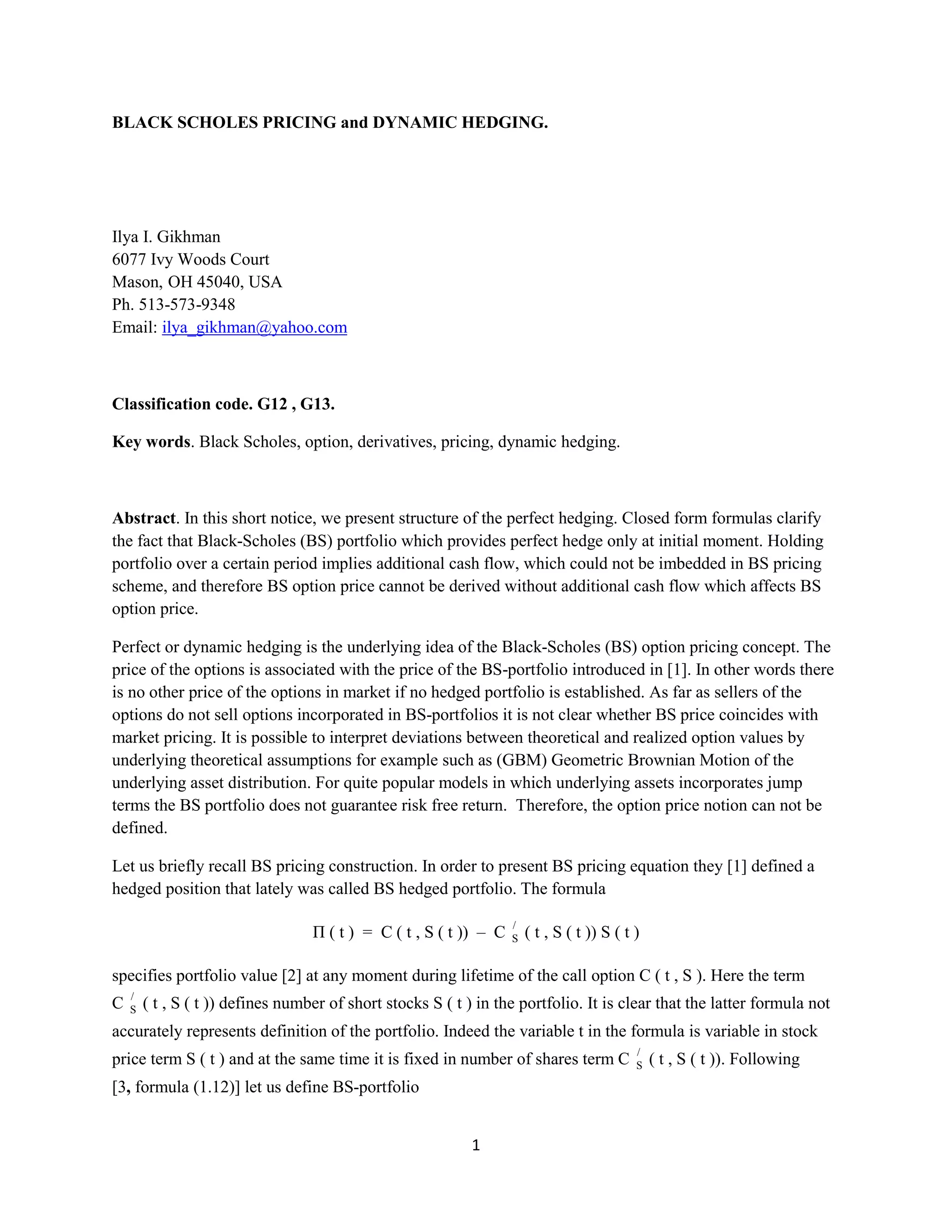 BS concept of the Dynamic Hedging | PDF