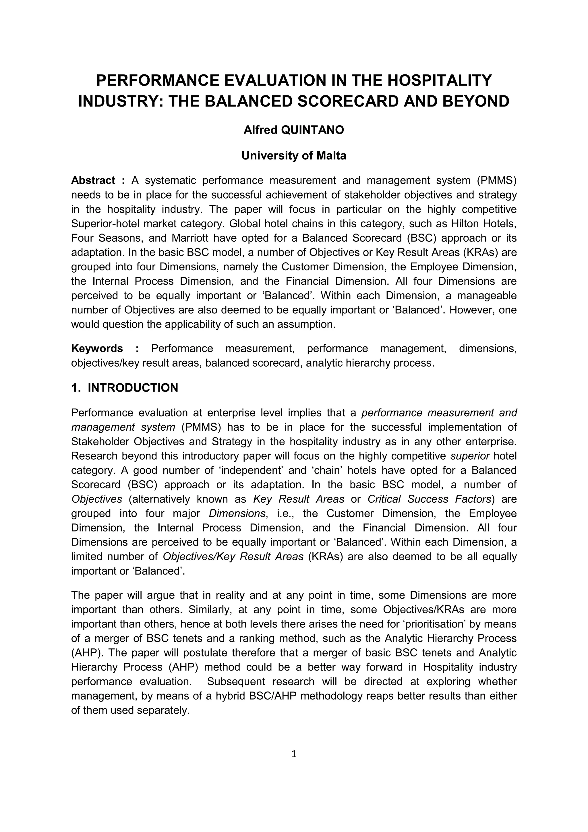 Bsc performance evaluation in hospitality industry (alfred quintano) | PDF