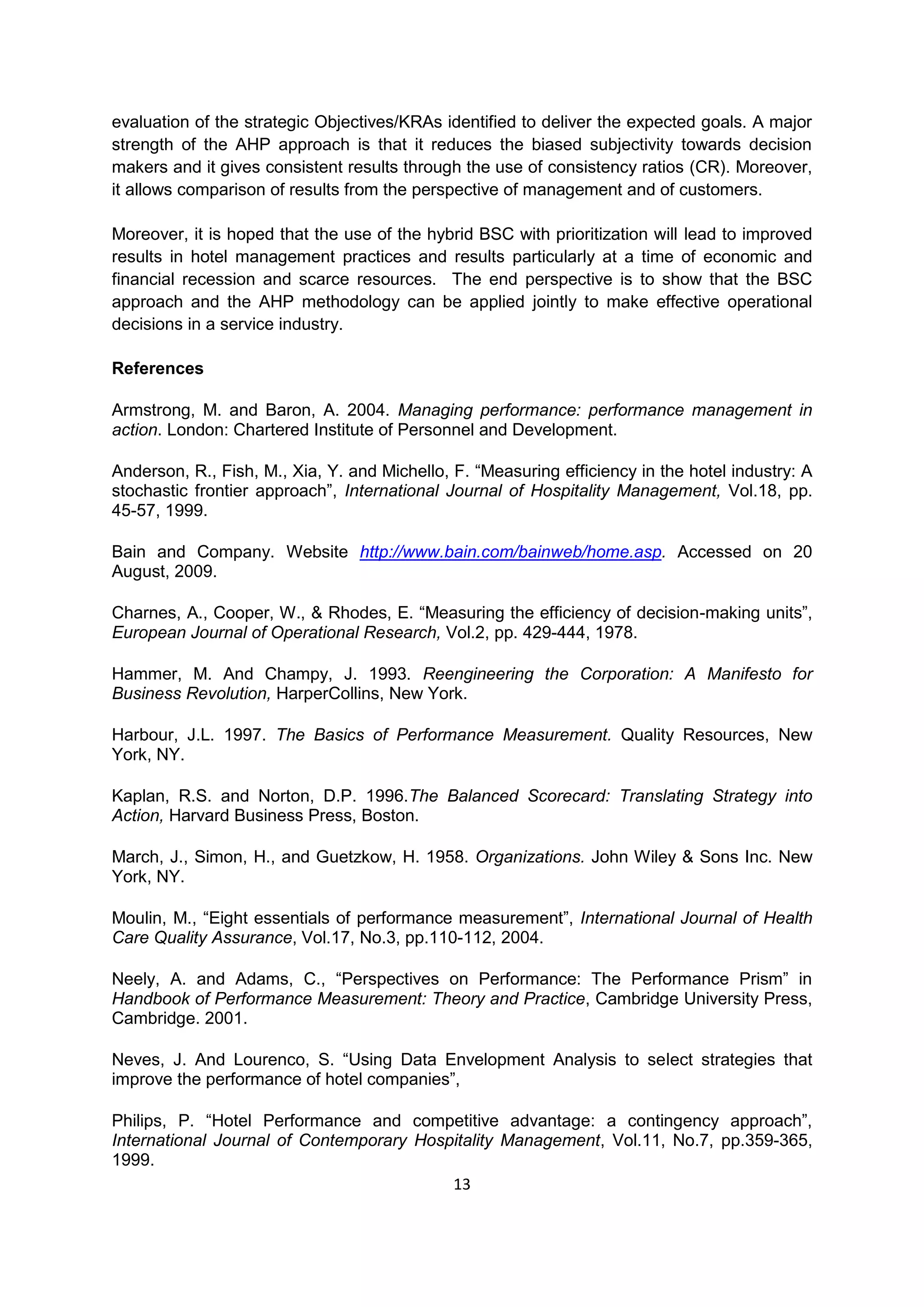 Bsc performance evaluation in hospitality industry (alfred quintano) | PDF